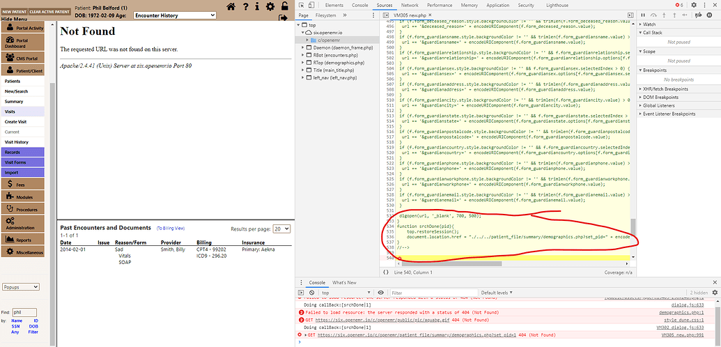 OpenEMR Frames 404 error main window with patient search - OpenEMR Development - OpenEMR Community