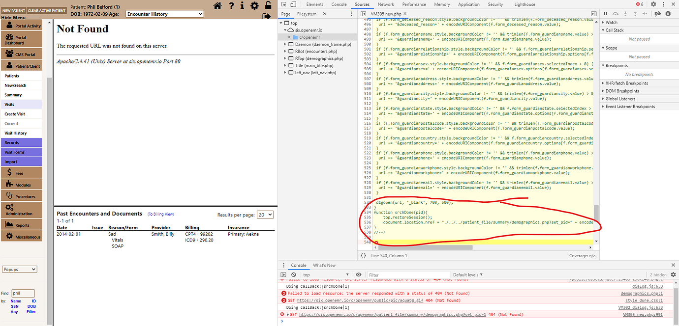 OpenEMR Frames 404 error main window with patient search - OpenEMR Development - OpenEMR Community