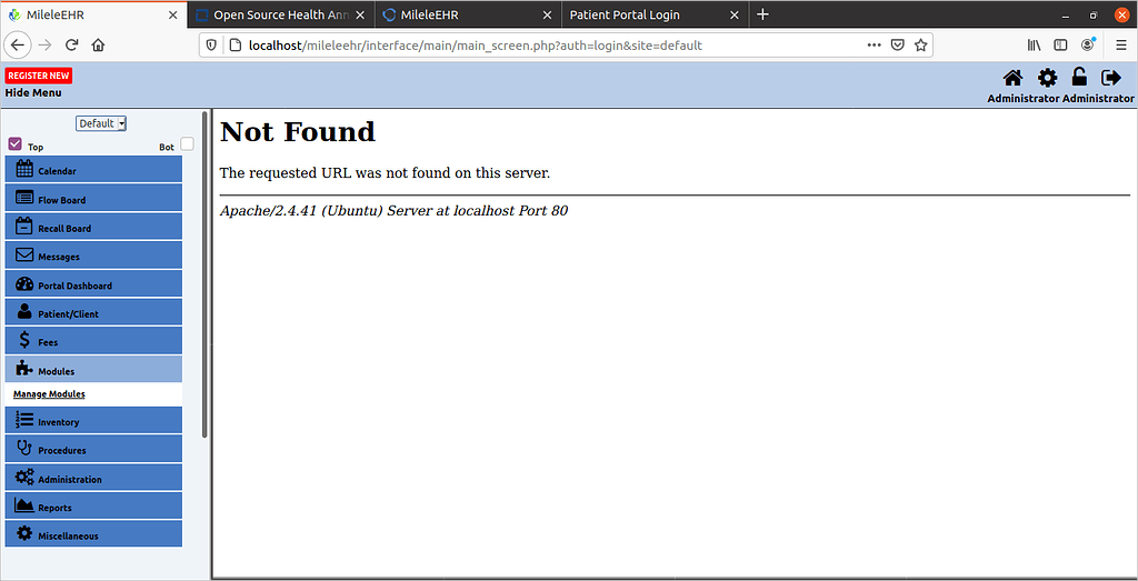 I'm not able to open "Manage Modules" and "Portal Dashboard" on my OpenEMR Ubuntu instance ...