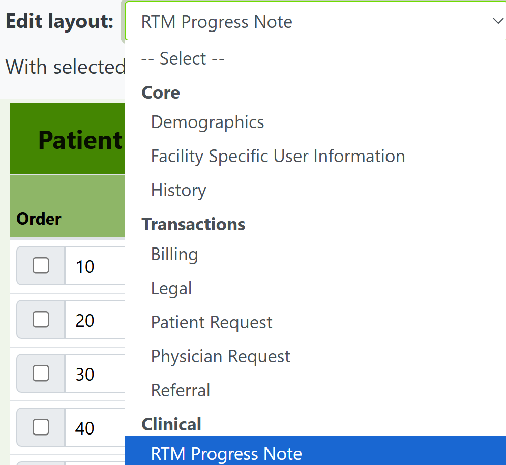 Show Administrative | Clinical | Miscellaneous | Orders |Questionnaires ...